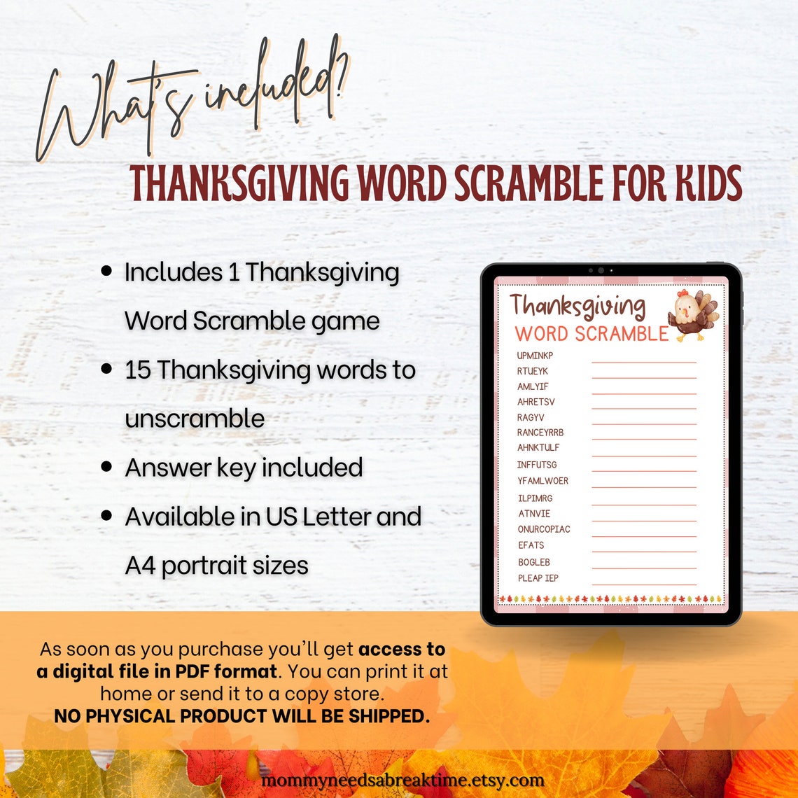 Fillable Thanksgiving Word Scramble | Kids Word Scramble Class ...