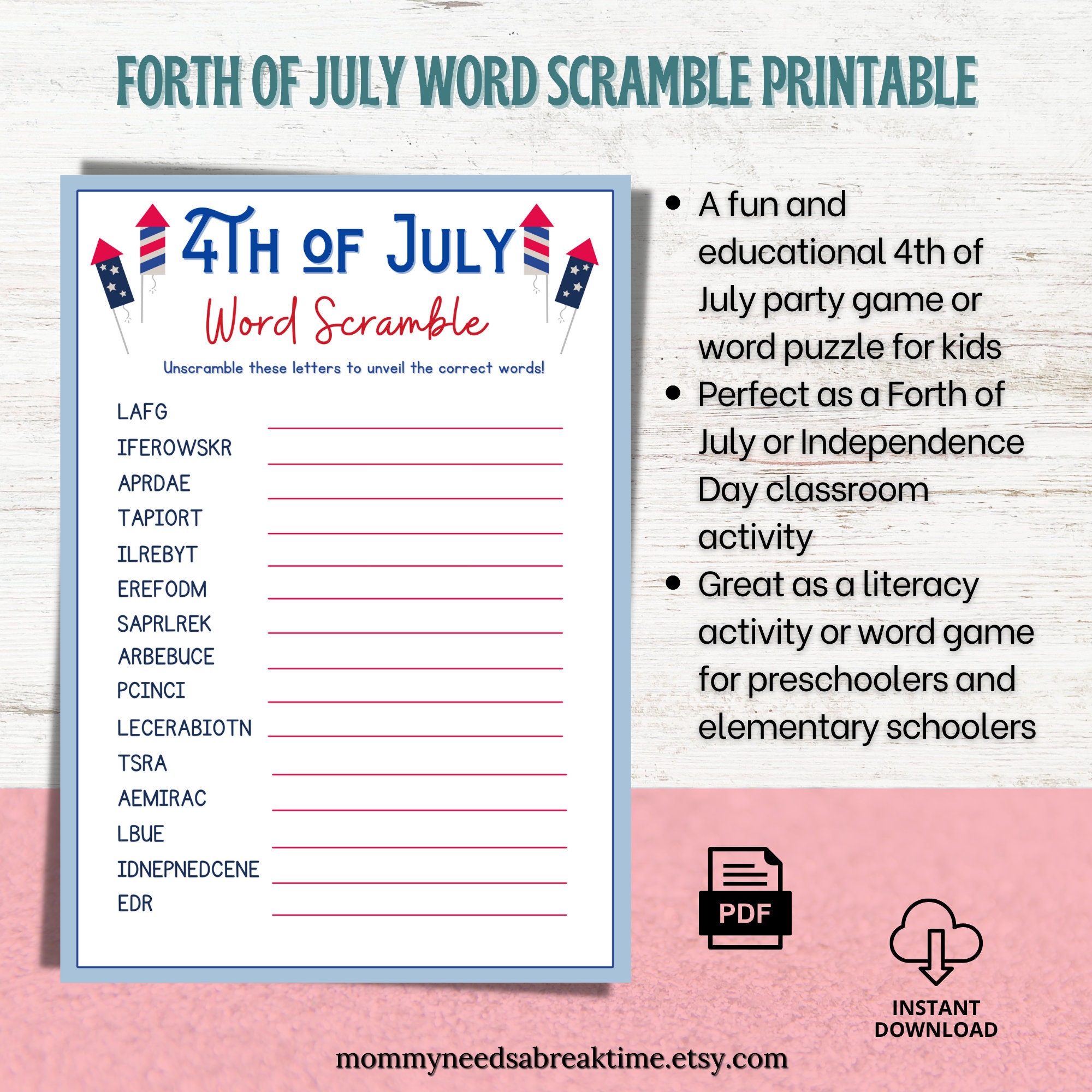 4th of July Word Scramble Game, 4th of July Games Sleepover Games ...