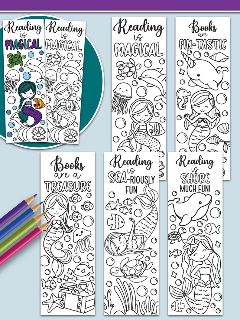Mermaid Coloring Bookmarks Kids Mermaid Bookmark, Spring Bookmark Fall ...
