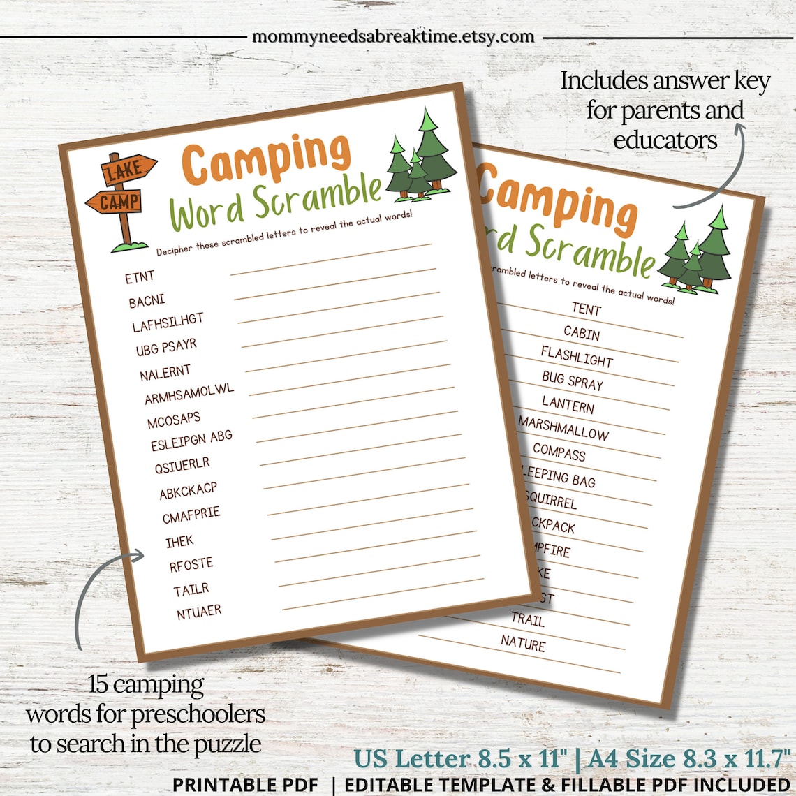 Camping Word Scramble Camping Activities Road Trip Games Sleepover ...