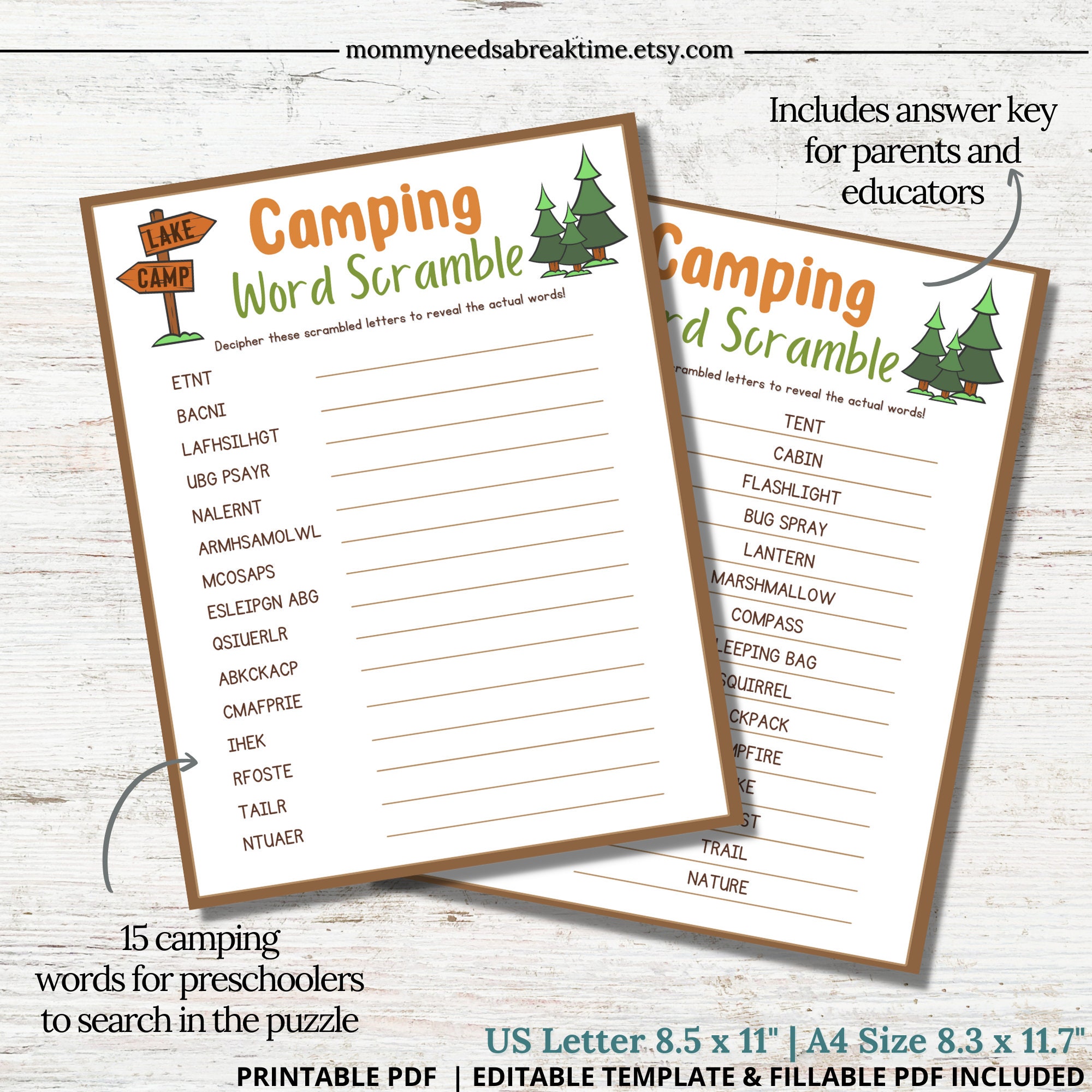 Camping Word Scramble Camping Activities Road Trip Games Sleepover ...