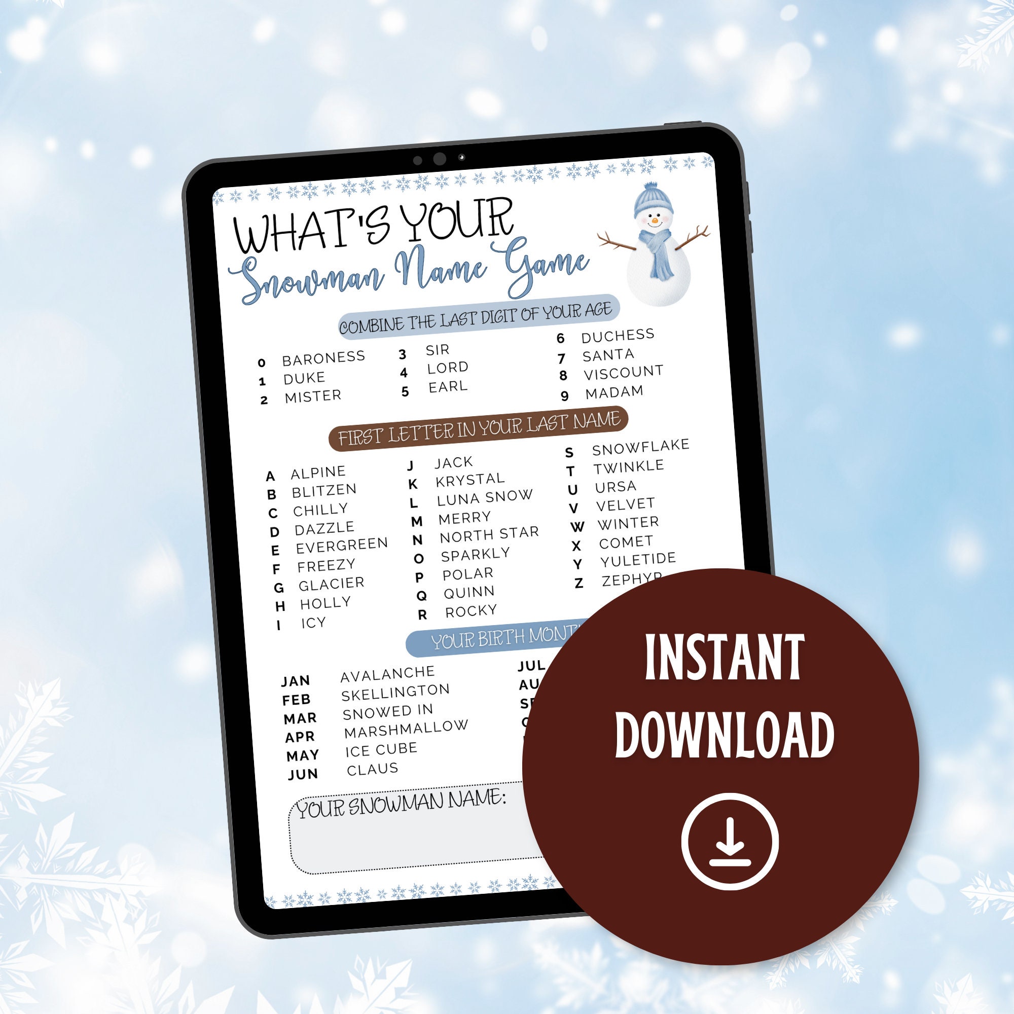 Whats Your Snowman Name, Winter Word Games, Snowman Activities ...