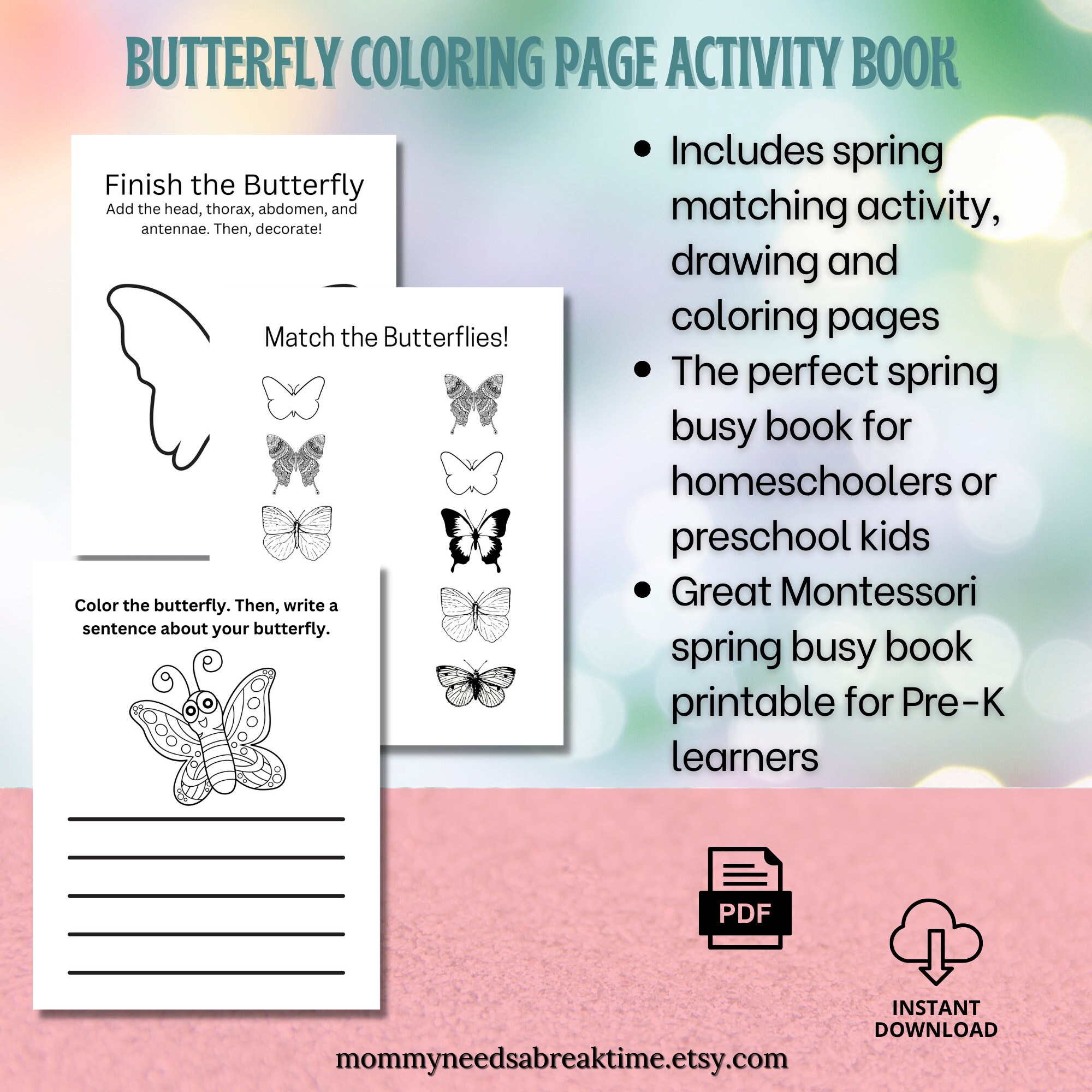 Butterfly Spring Busy Book, Montessori Spring Butterfly Coloring ...