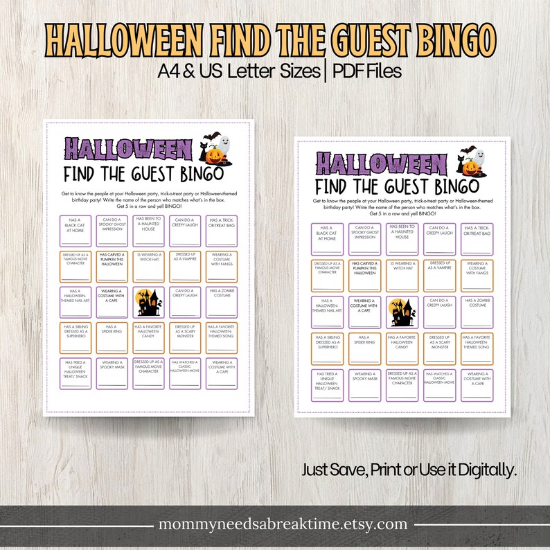 Halloween Find the Guest Bingo Adult Halloween Game, Halloween Mix and ...