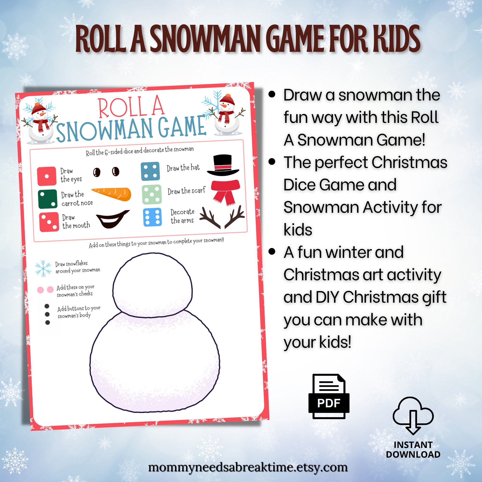 Roll A Snowman Game Christmas Dice Game | Printable Christmas Game ...