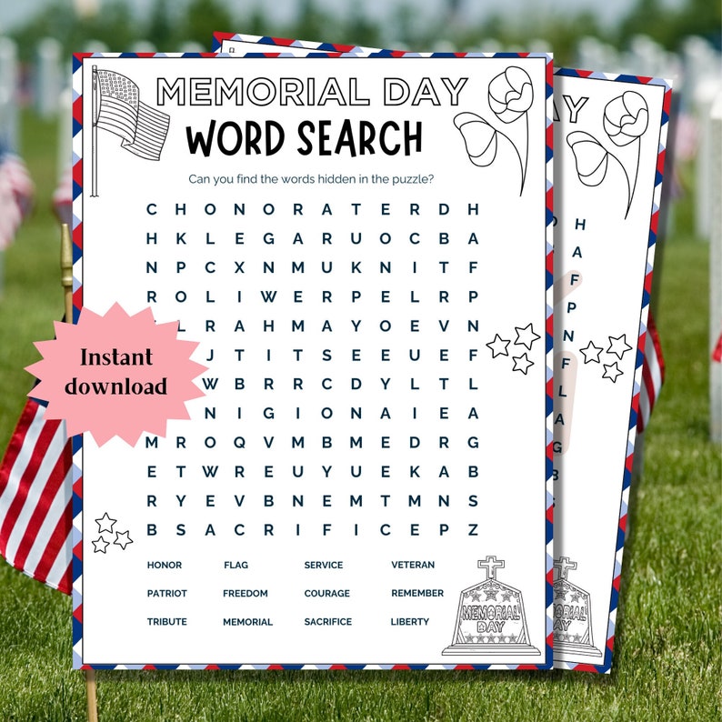Memorial Day Kids Word Search | Preschool Coloring Montessori Busy Book ...