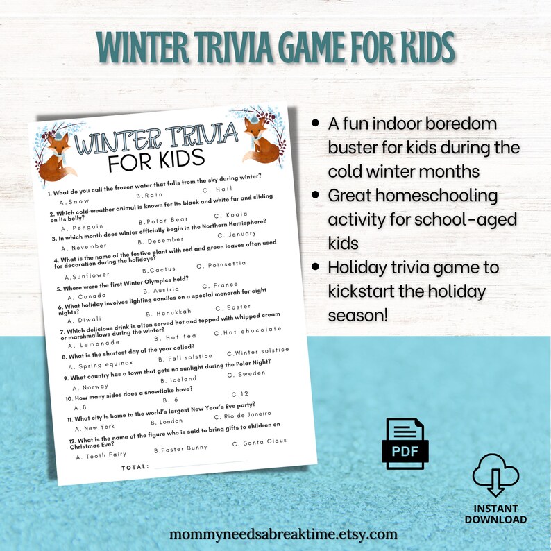 Winter Trivia Game for Kids Holiday Trivia, Christmas Trivia Printable ...