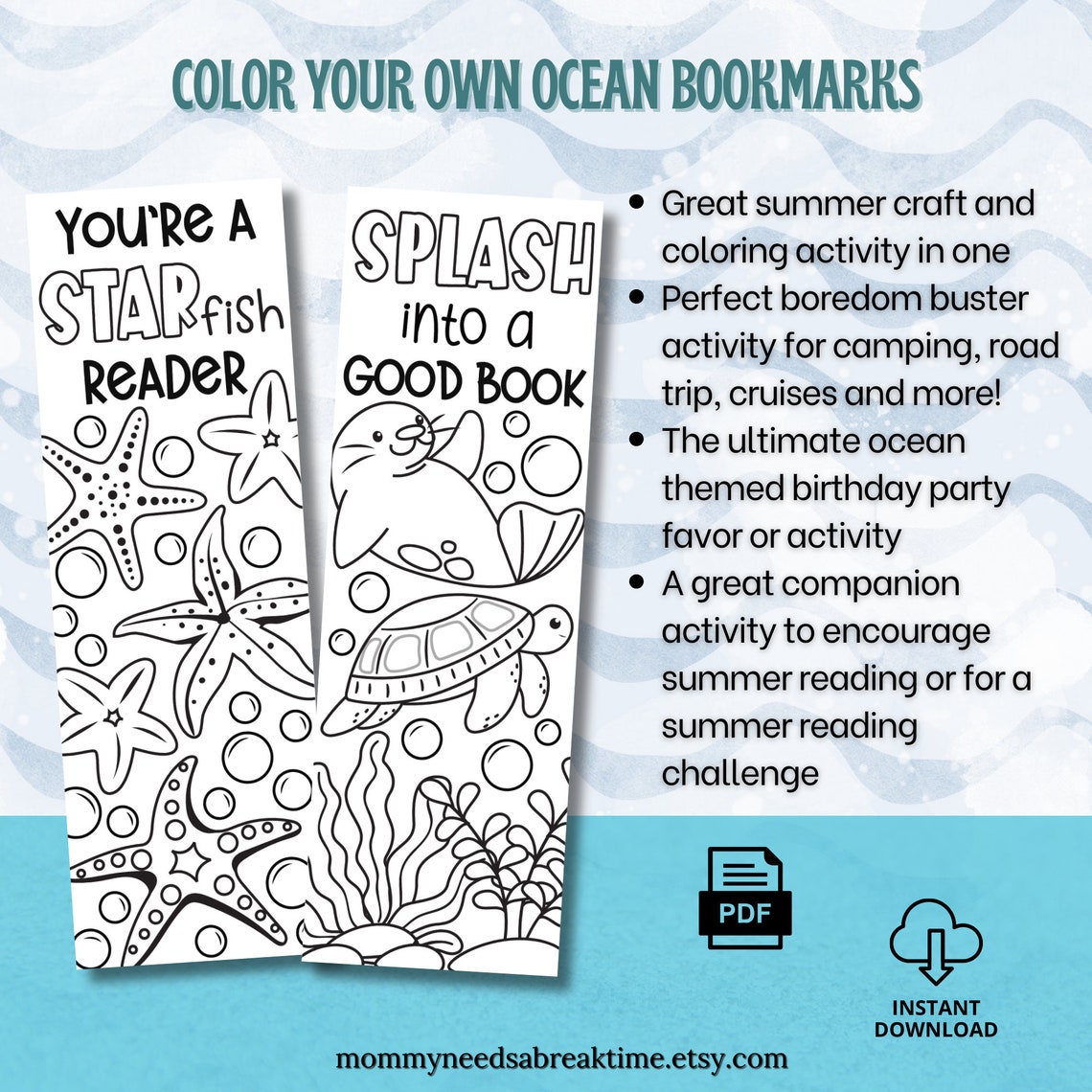 Ocean Coloring Bookmarks Ocean Party Favors, Unique Bookmarks Camping ...