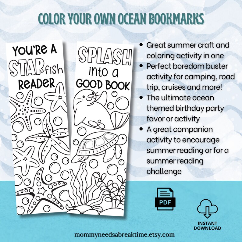 Ocean Coloring Bookmarks Ocean Party Favors, Unique Bookmarks Camping ...