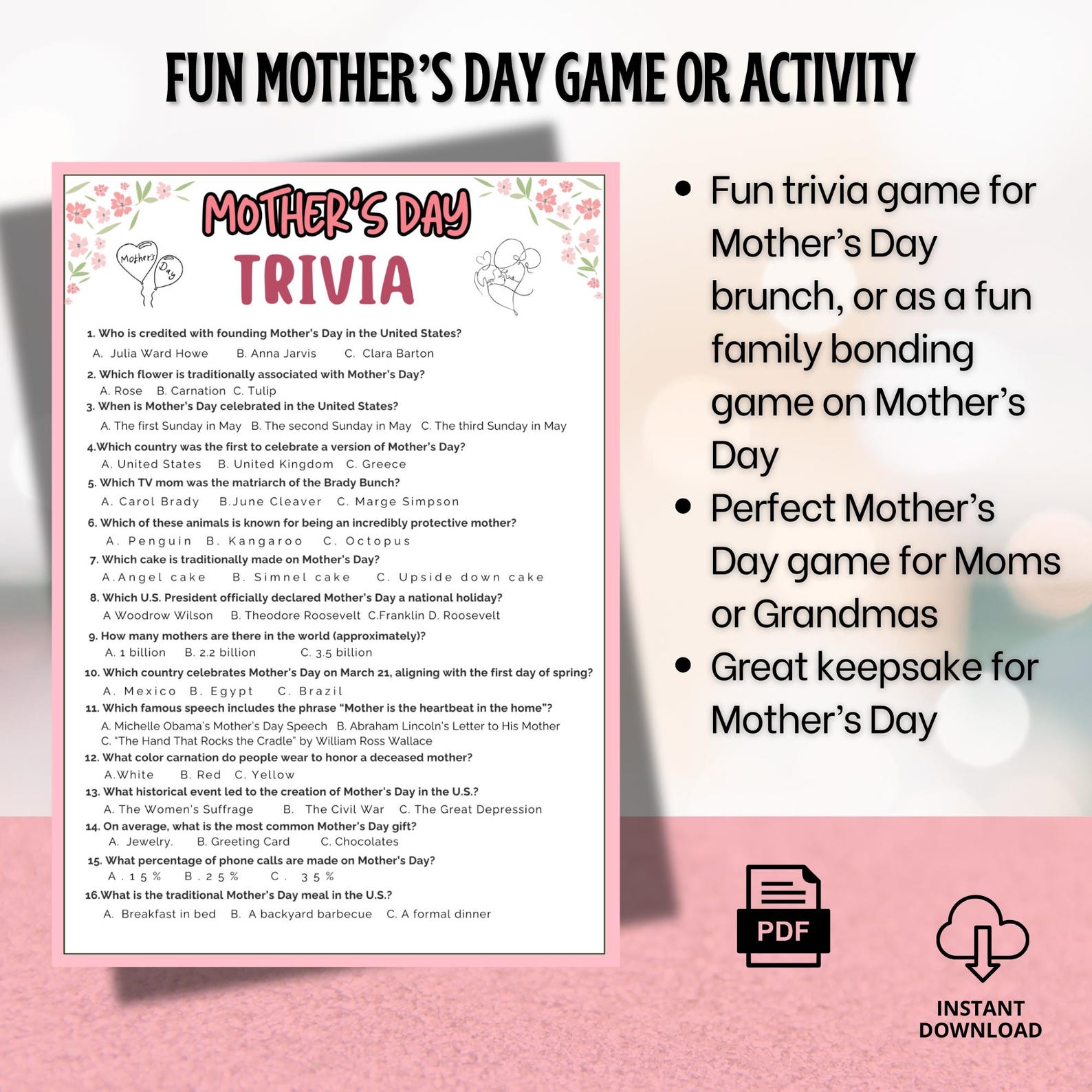 Mothers Day Trivia Family Reunion Games, Mothers Day Activity Tea Party ...