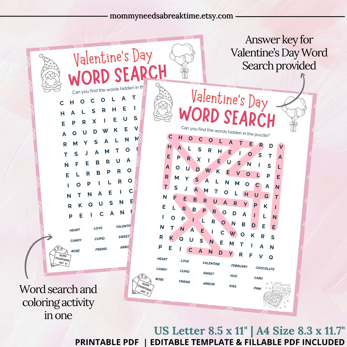 Valentines Coloring Page Word Search, Valentine Games, Printable Games ...