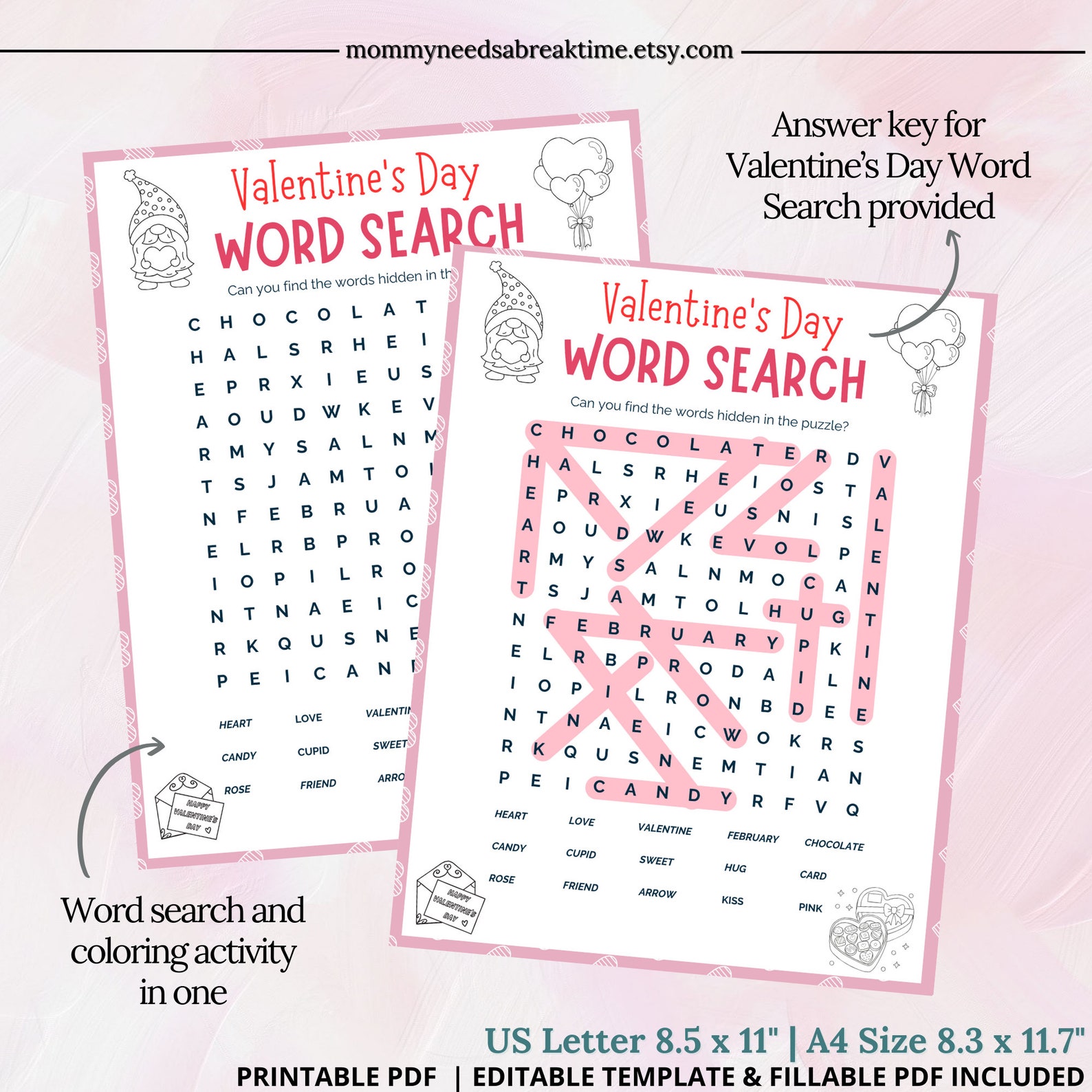 Valentines Coloring Page Word Search, Valentine Games, Printable Games ...