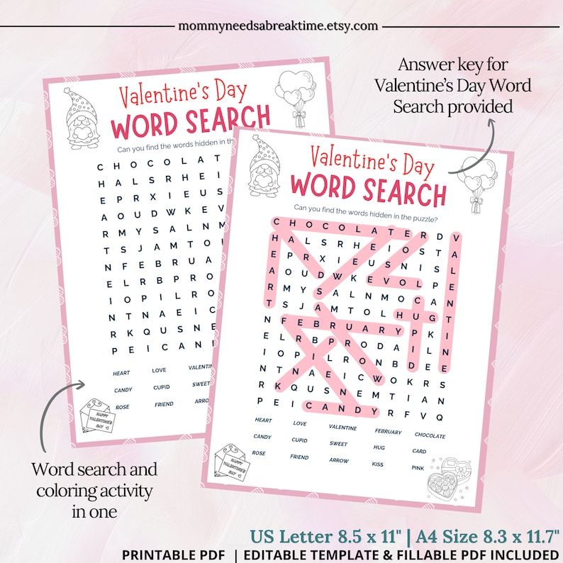 Valentines Coloring Page Word Search, Valentine Games, Printable Games ...