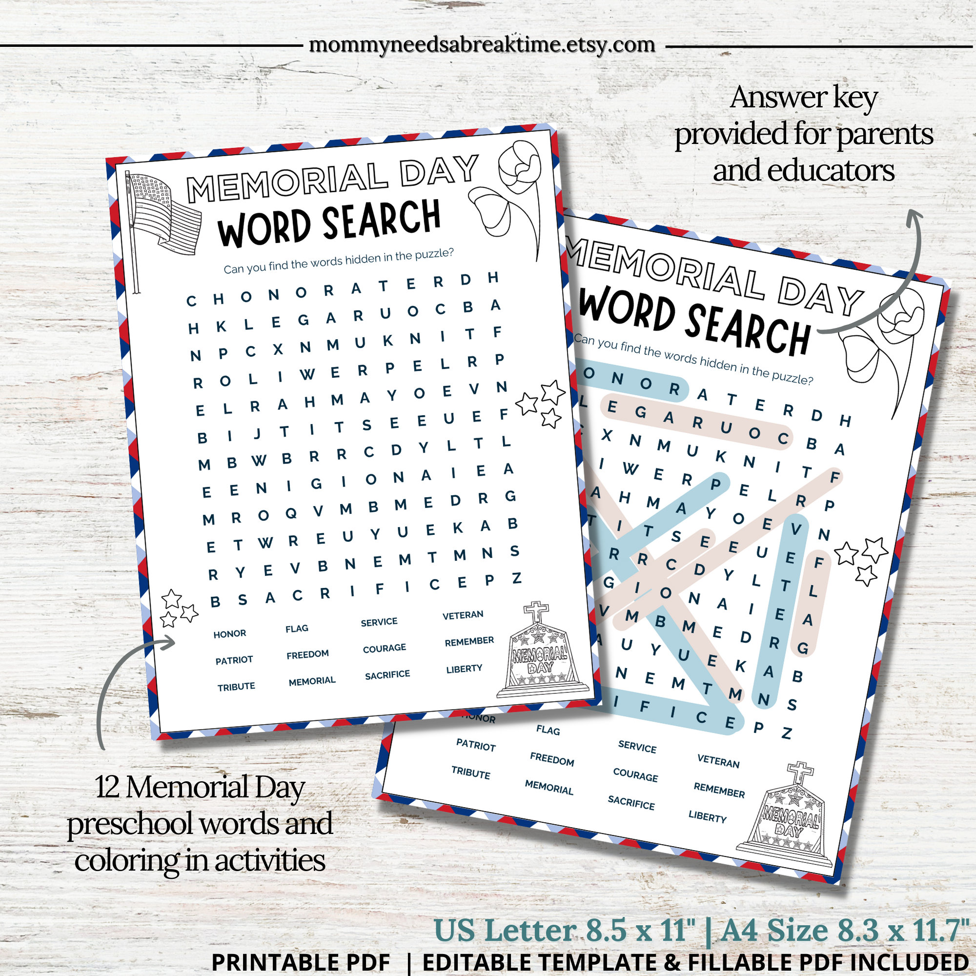 Memorial Day Kids Word Search | Preschool Coloring Montessori Busy Book ...