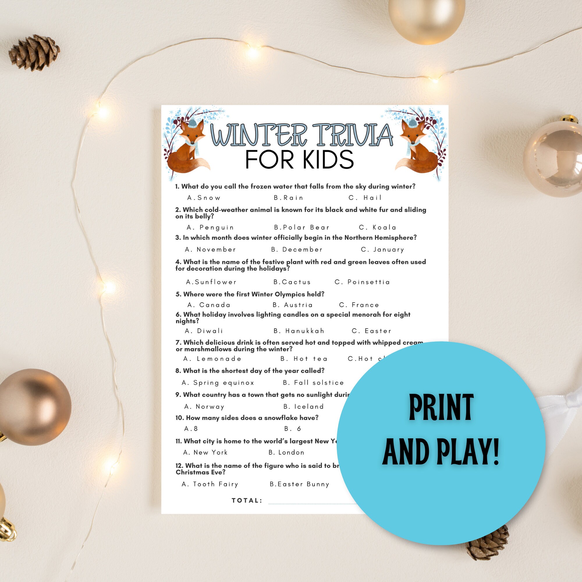 Winter Trivia Game for Kids Holiday Trivia, Christmas Trivia Printable ...