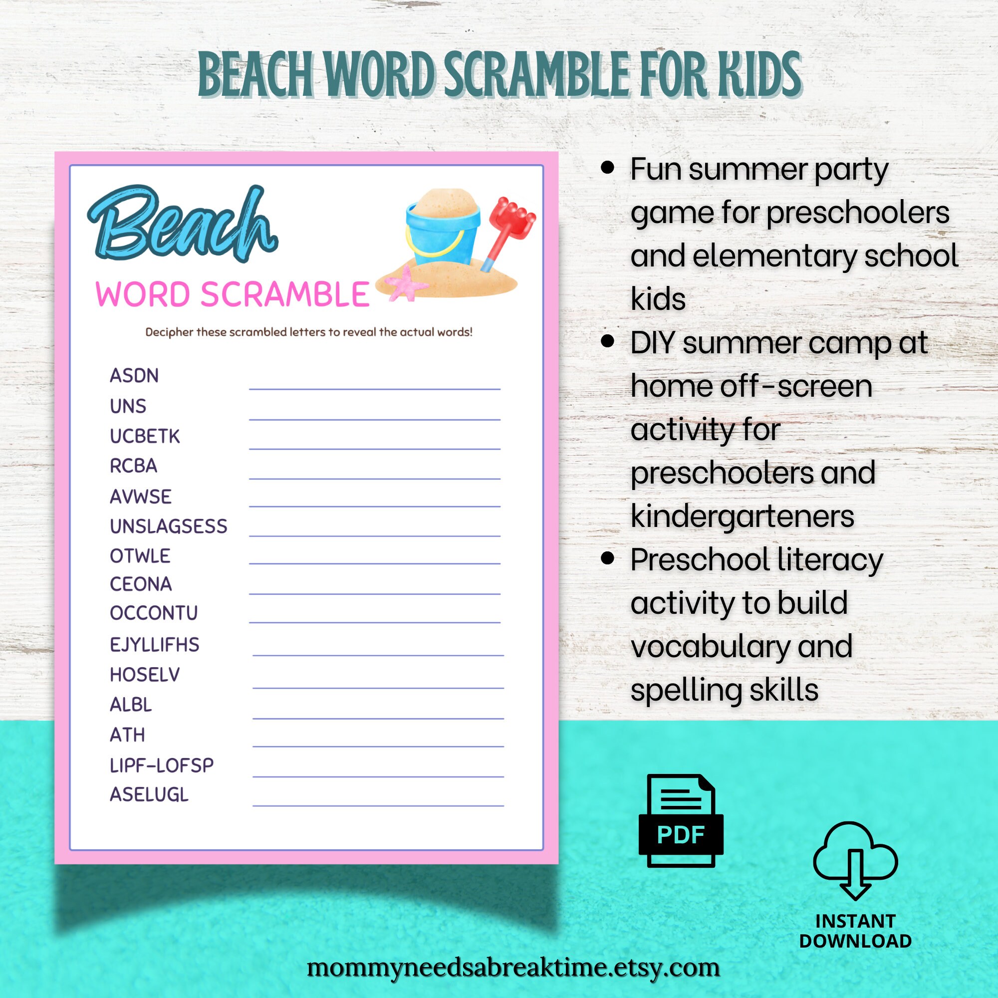 Beach Word Scramble Summer Party Games, Preschool Alphabet Activities ...