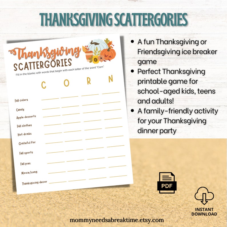 Thanksgiving Scattergories Ice Breaker Games, Friendsgiving Game Family ...