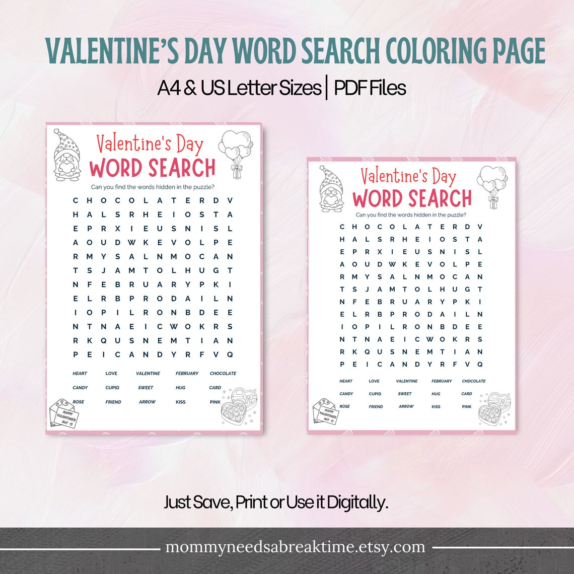 Valentines Coloring Page Word Search, Valentine Games, Printable Games ...