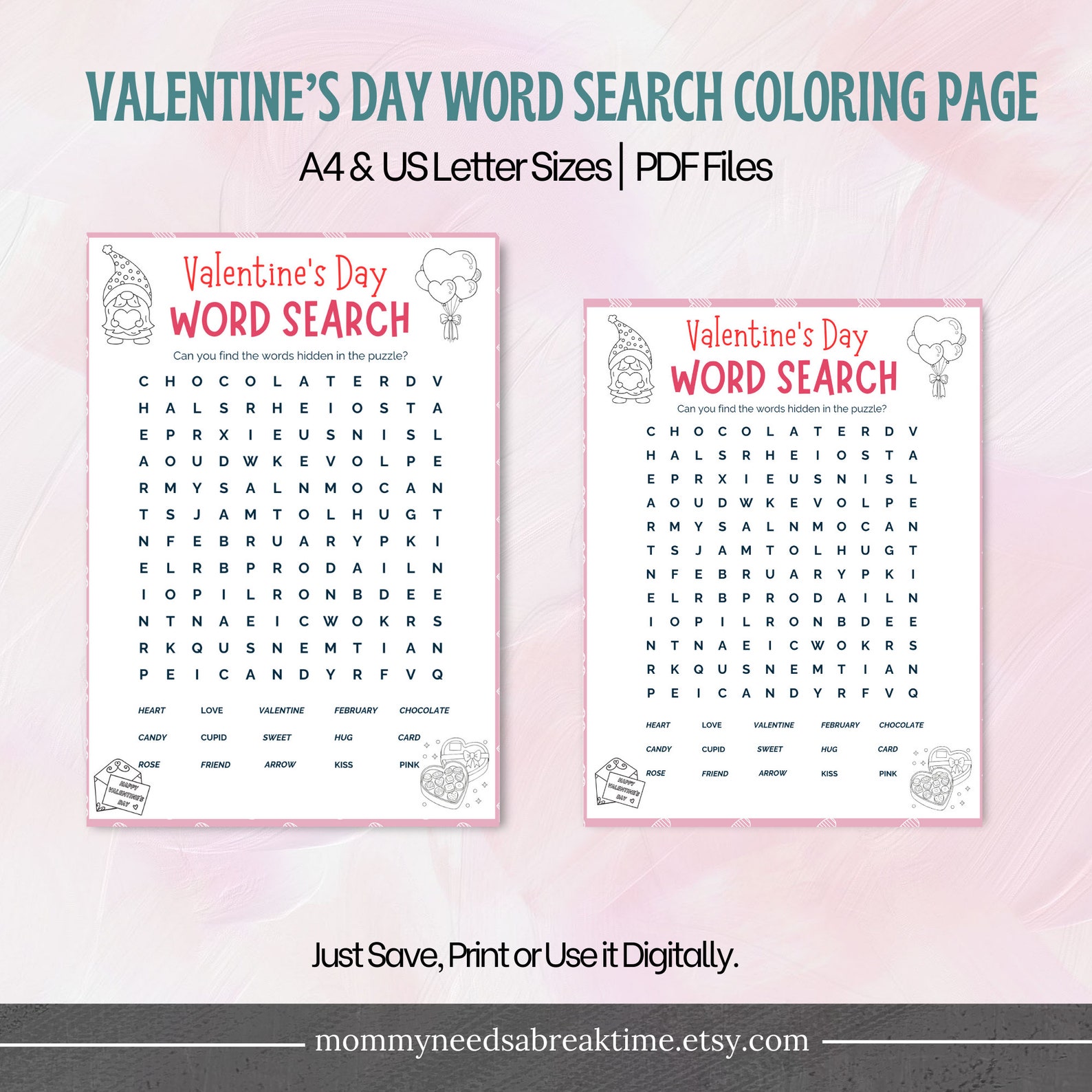 Valentines Coloring Page Word Search, Valentine Games, Printable Games ...