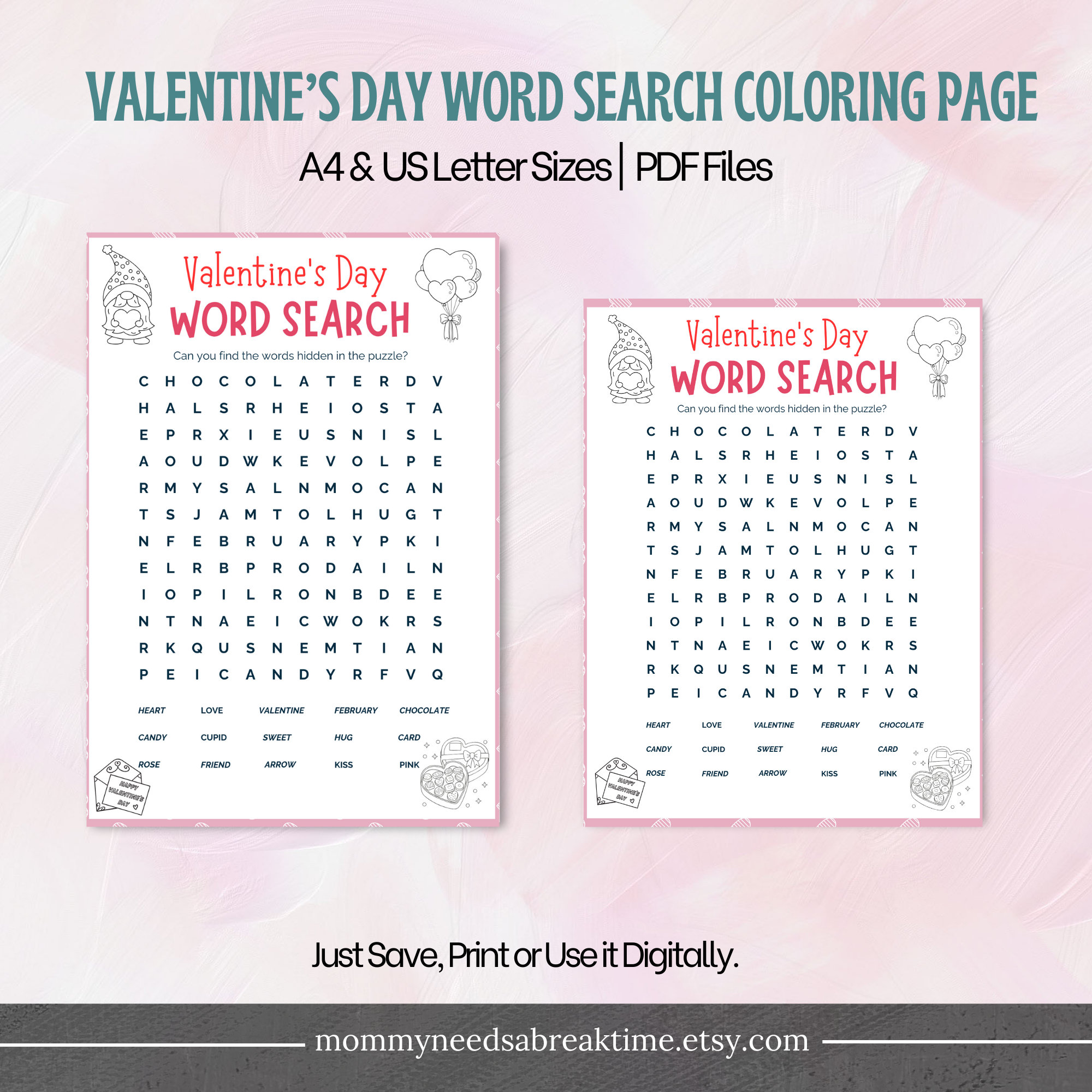 Valentines Coloring Page Word Search, Valentine Games, Printable Games ...
