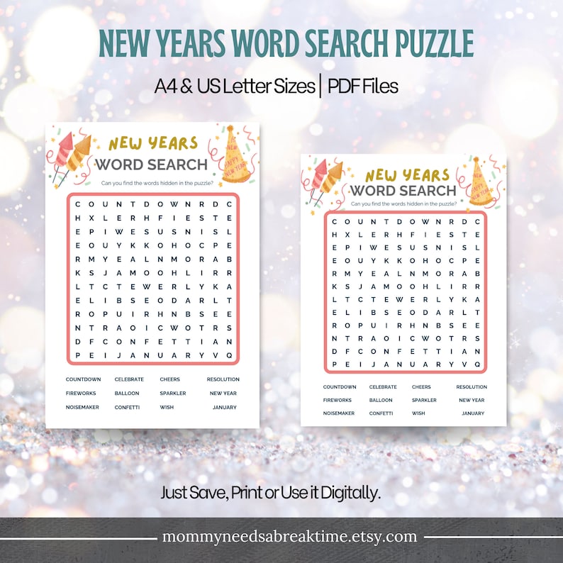 New Years Kids Word Search, New Years Games, New Years Eve Favors ...