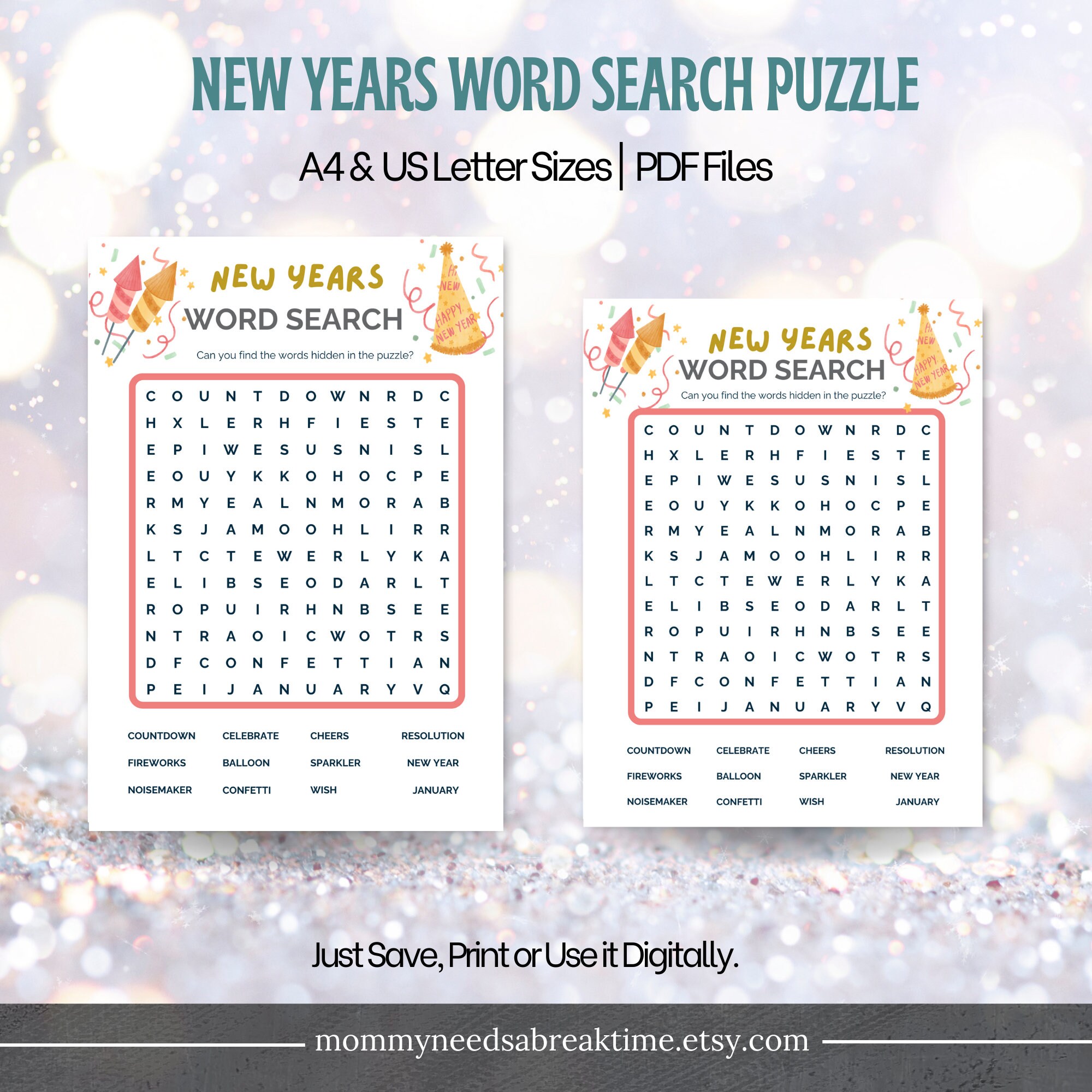 New Years Kids Word Search, New Years Games, New Years Eve Favors ...