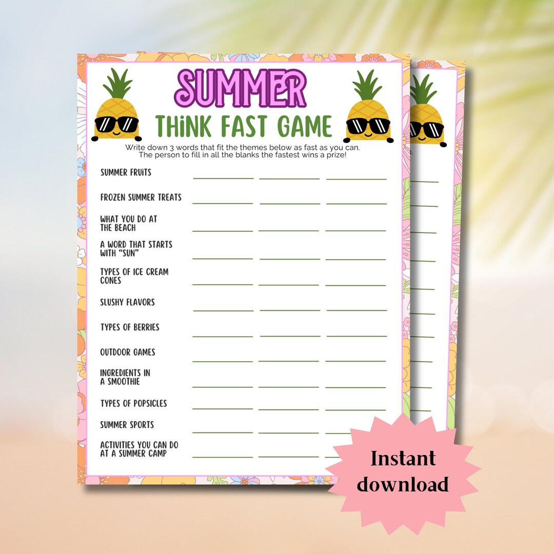 Think Fast Game Summer Party Games Summer Camp Games Slumber Party ...