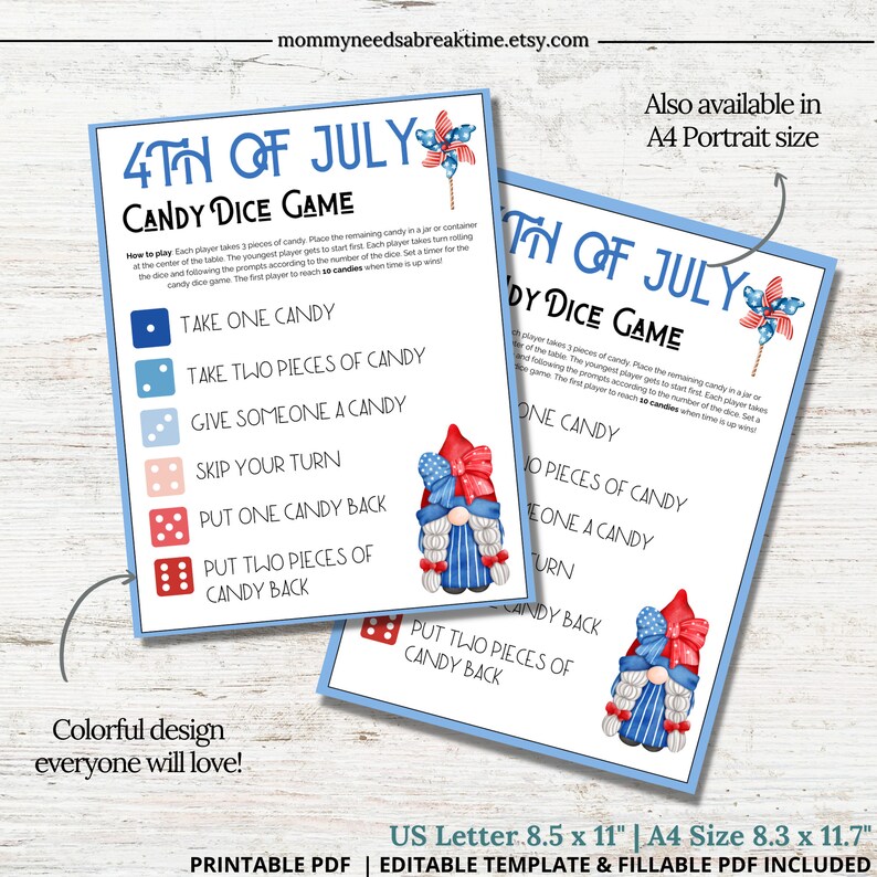 4th of July Candy Dice Printable, 4th of July Games Fourth of July ...