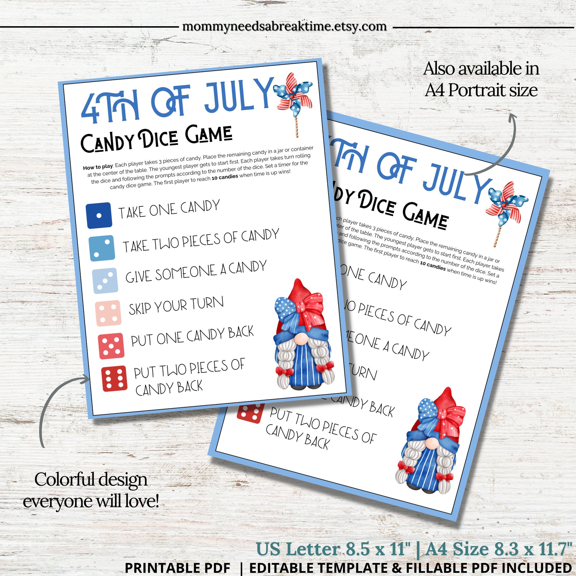 4th of July Candy Dice Printable, 4th of July Games Fourth of July ...