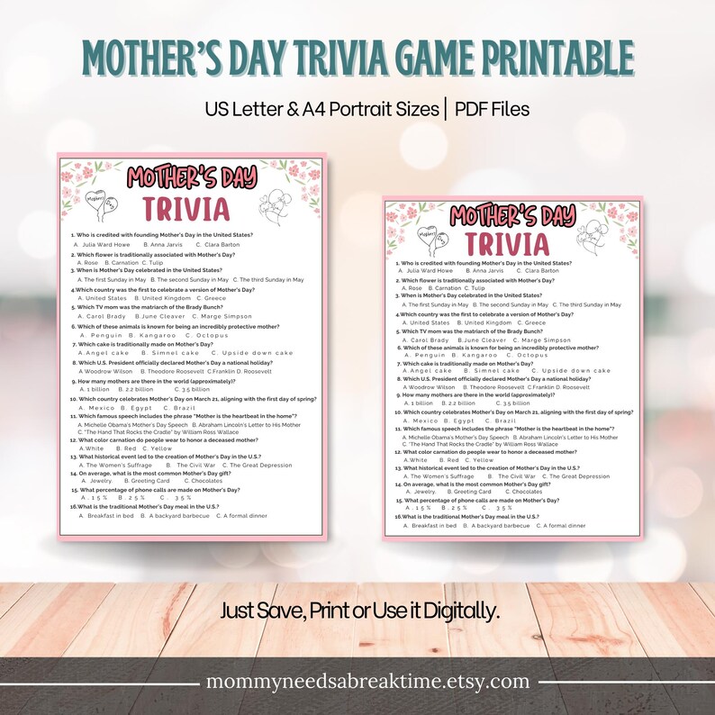 Mothers Day Trivia Family Reunion Games, Mothers Day Activity Tea Party ...