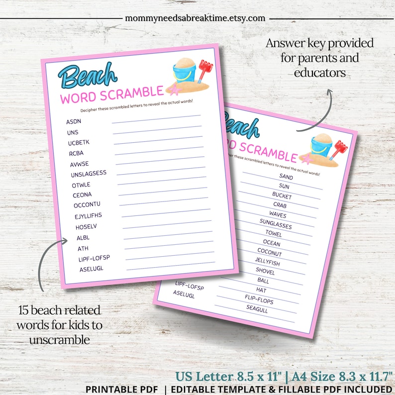 Beach Word Scramble Summer Party Games, Preschool Alphabet Activities ...