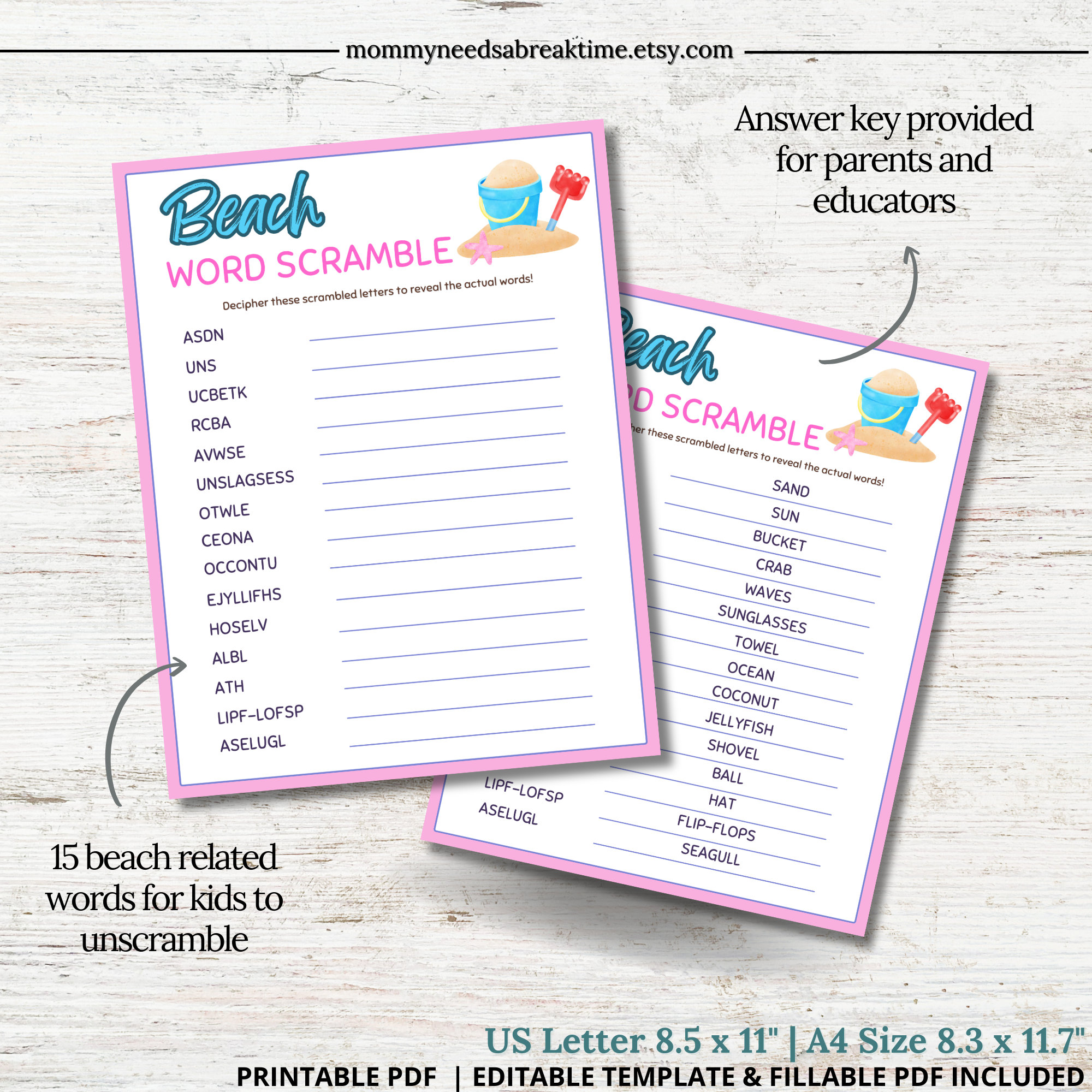 Beach Word Scramble Summer Party Games, Preschool Alphabet Activities ...