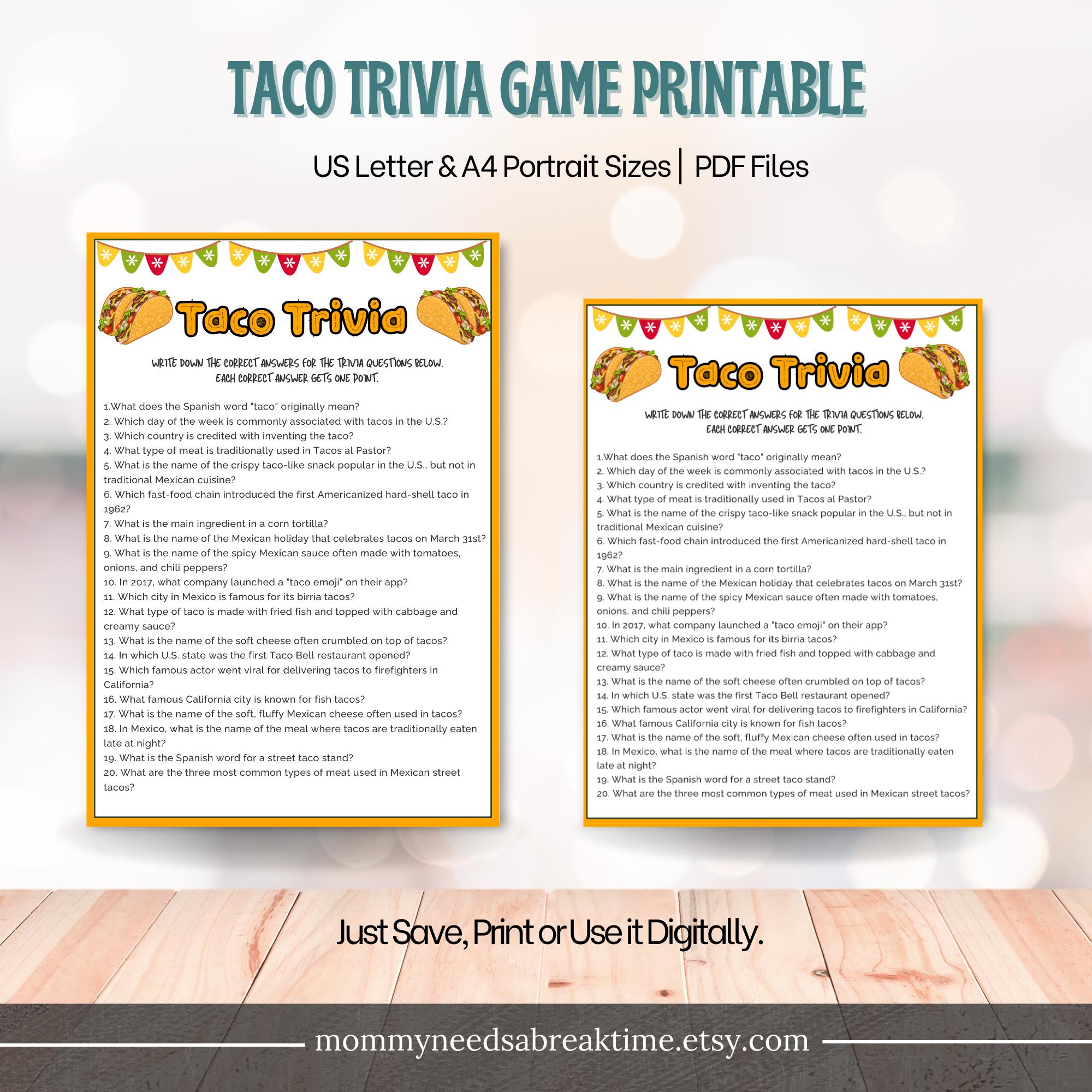 Taco Trivia Taco Party Games, Cinco De Mayo Games Taco Game Night ...