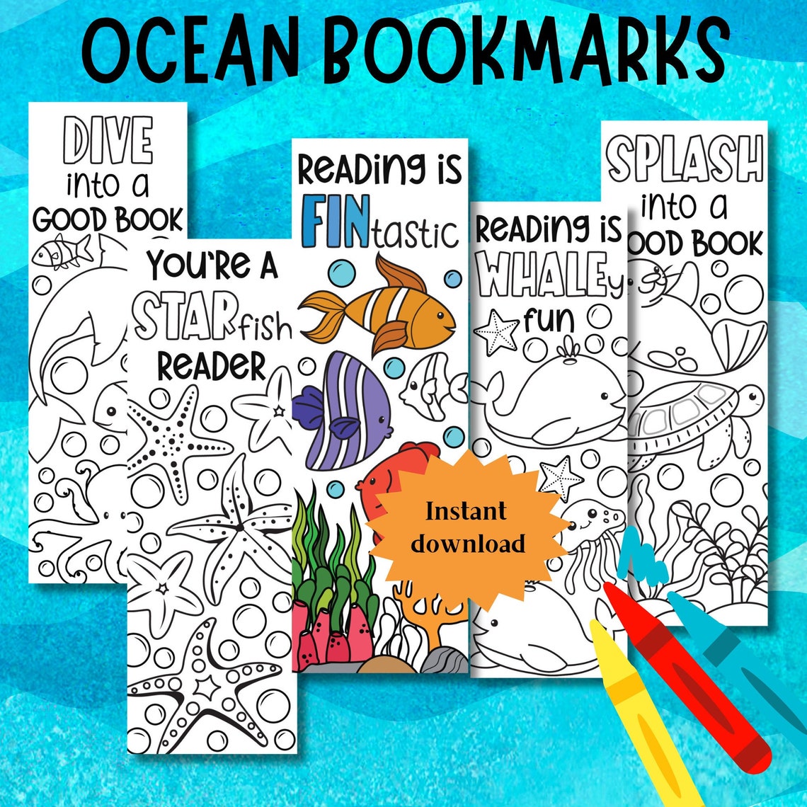 Ocean Coloring Bookmarks Ocean Party Favors, Unique Bookmarks Camping ...