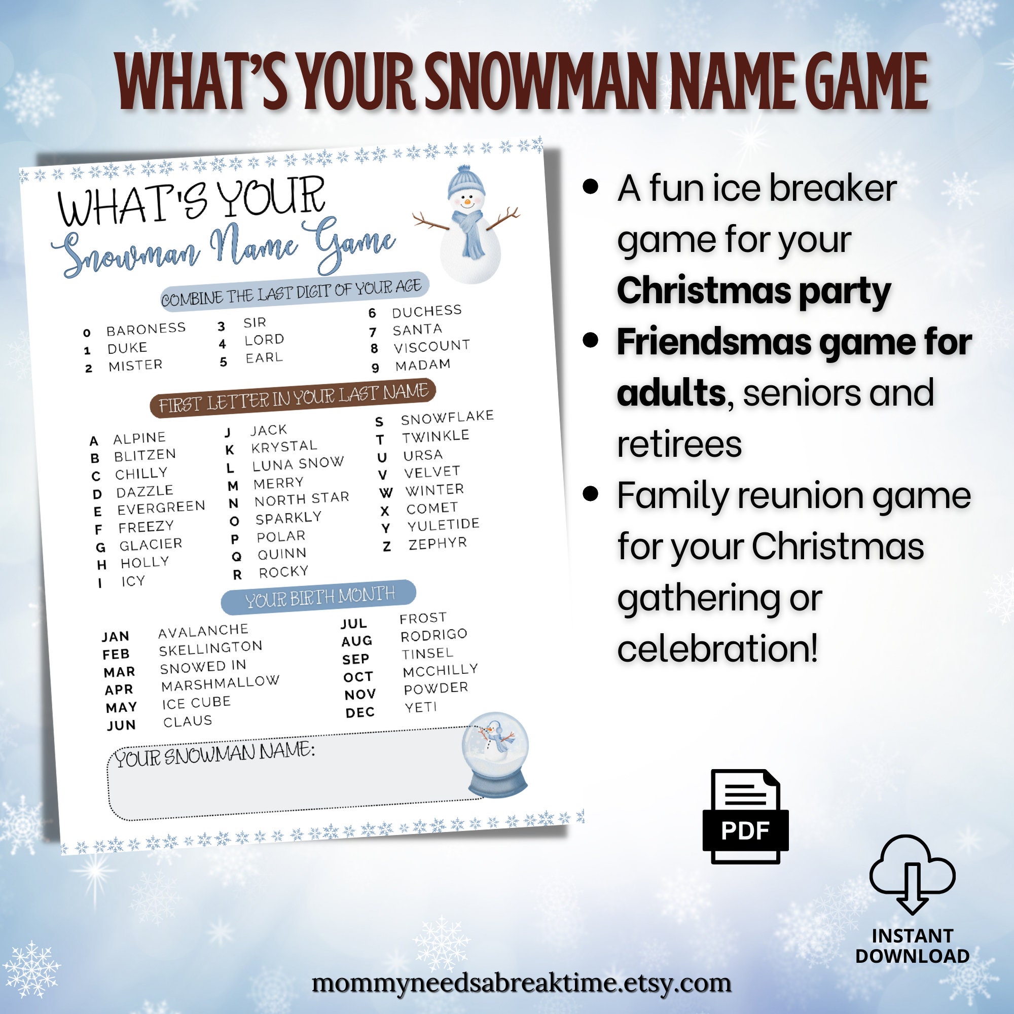 Whats Your Snowman Name, Winter Word Games, Snowman Activities ...