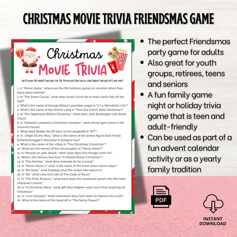 Christmas Movie Trivia Friendsmas Game, Holiday Trivia Game Movie Night ...