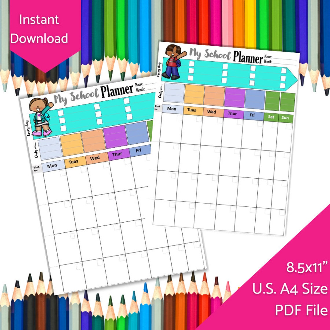 Kids School Printable Planner | Kids School Week Checklist | Back to ...