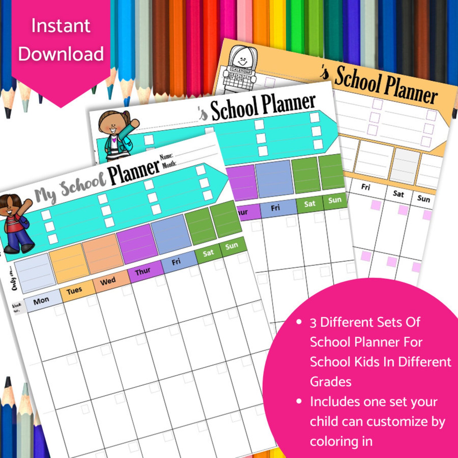Kids School Printable Planner | Kids School Week Checklist | Back to ...