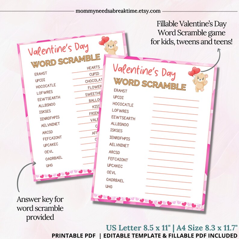 Valentine's Day Word Scramble Valentines Day Games for Kids Valentines ...
