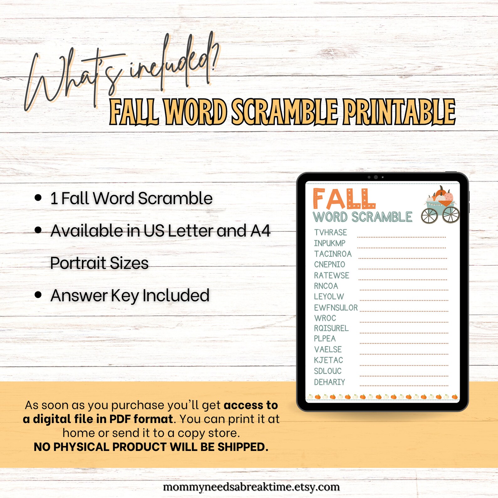 Fall Word Scramble Printable | Kids Word Scramble PDF | Autumn Words ...