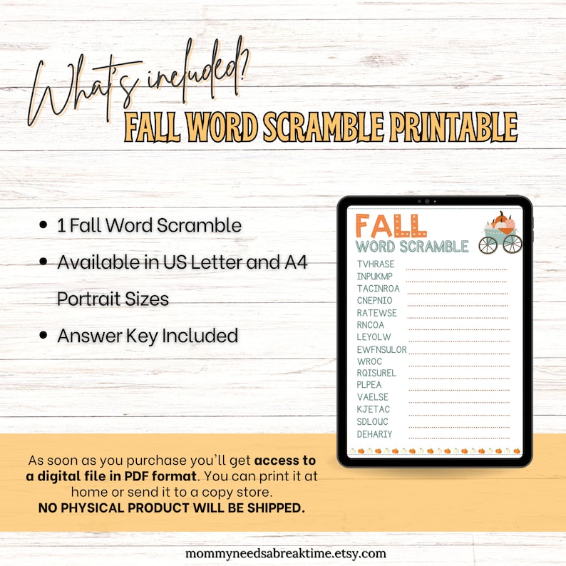 Fall Word Scramble Printable | Kids Word Scramble PDF | Autumn Words ...