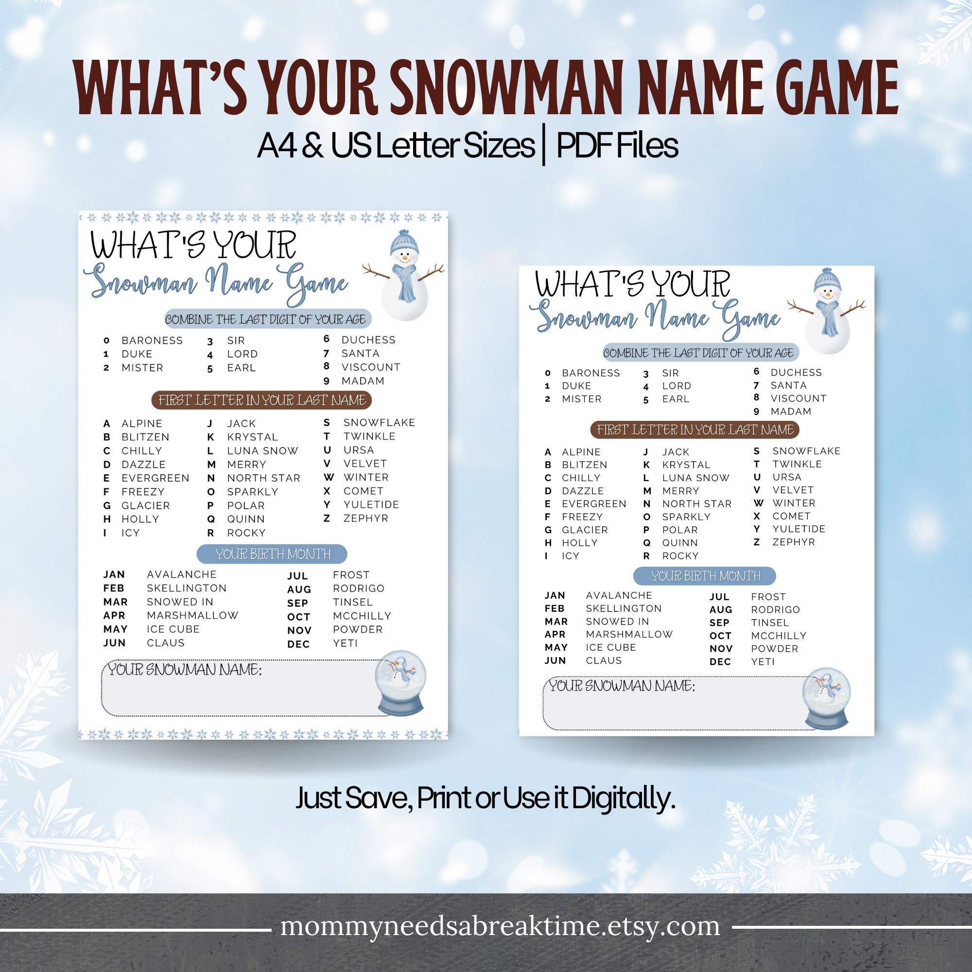 Whats Your Snowman Name, Winter Word Games, Snowman Activities ...