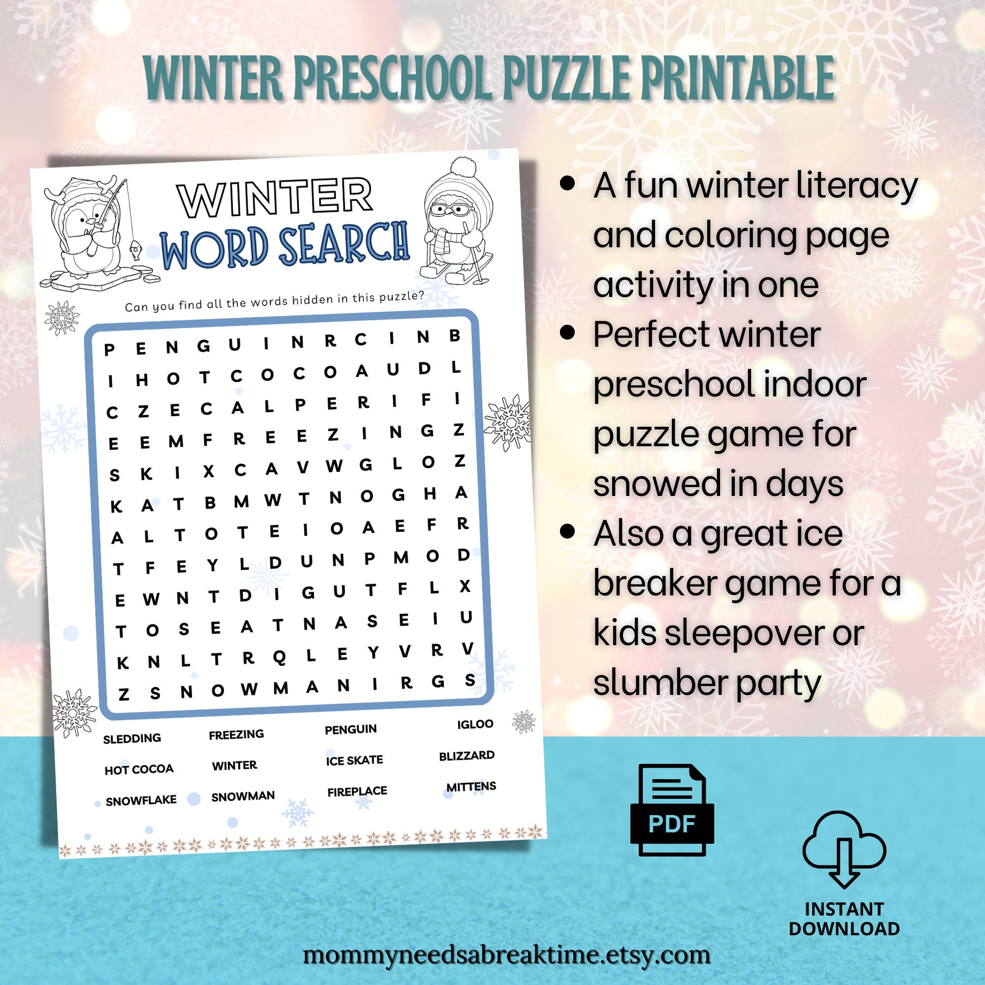 Winter Word Search Coloring Page, Winter Activities for Kids, Winter ...