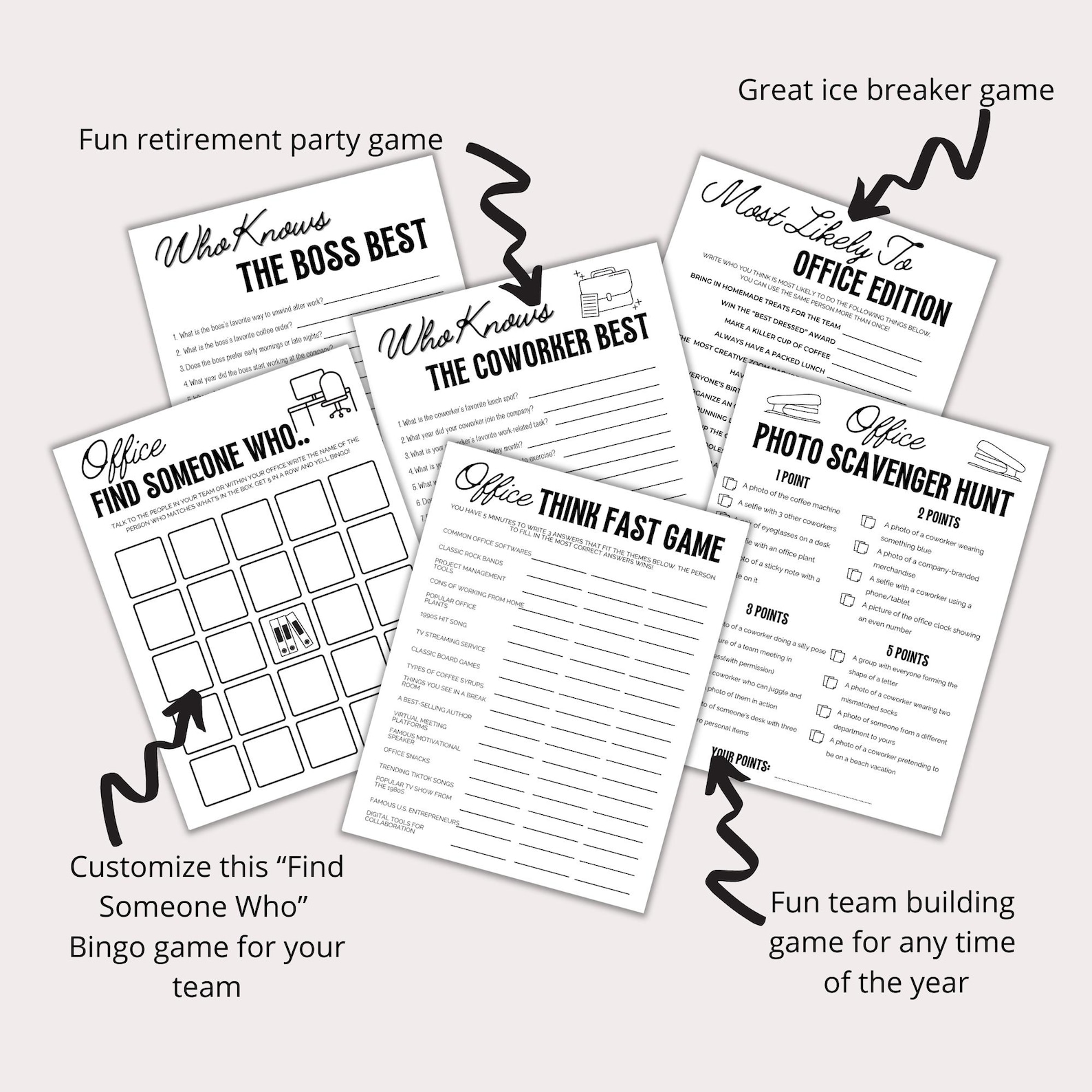Team Building Games for Work Bundle, Retirement Games Coworker Bingo ...