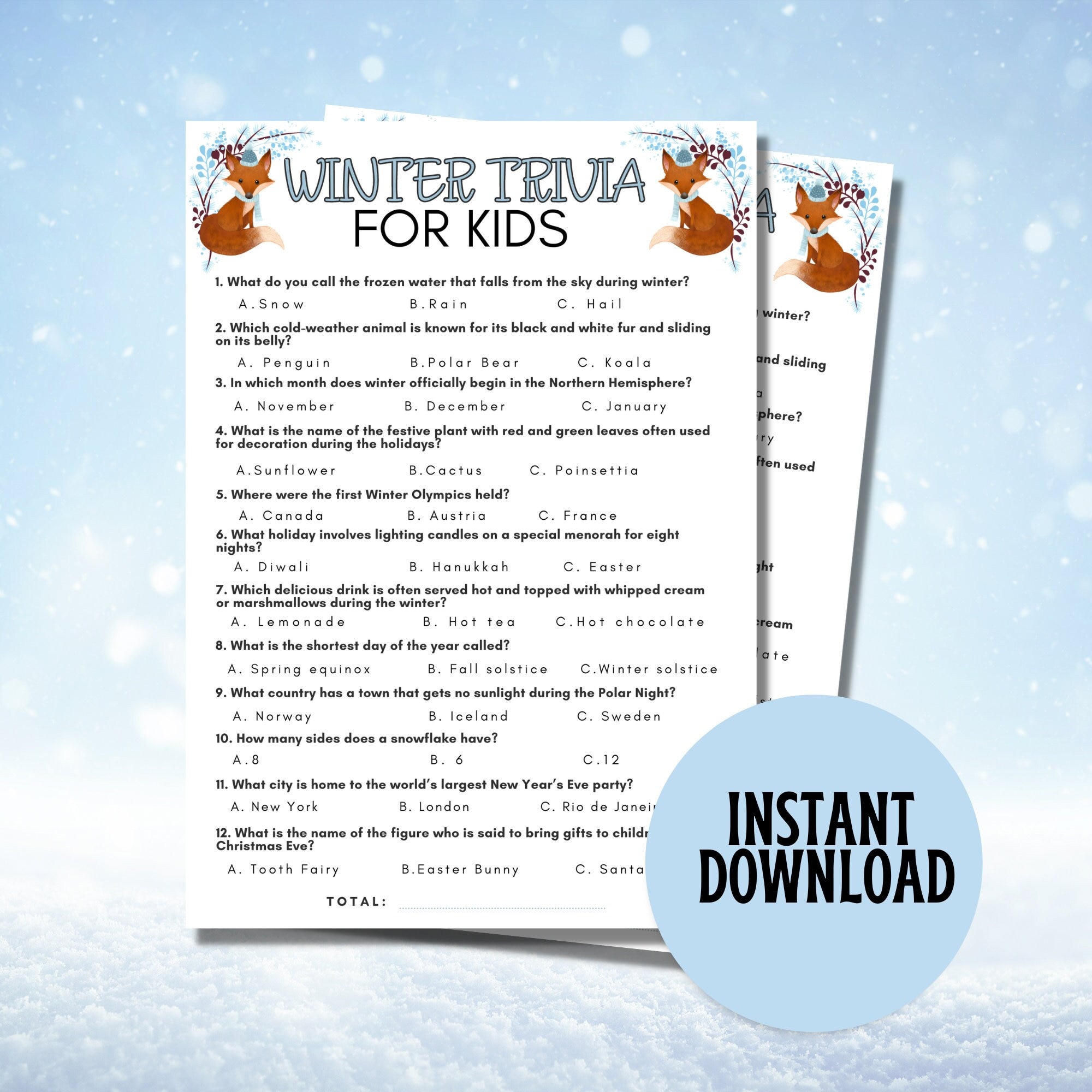 Winter Trivia Game for Kids Holiday Trivia, Christmas Trivia Printable ...