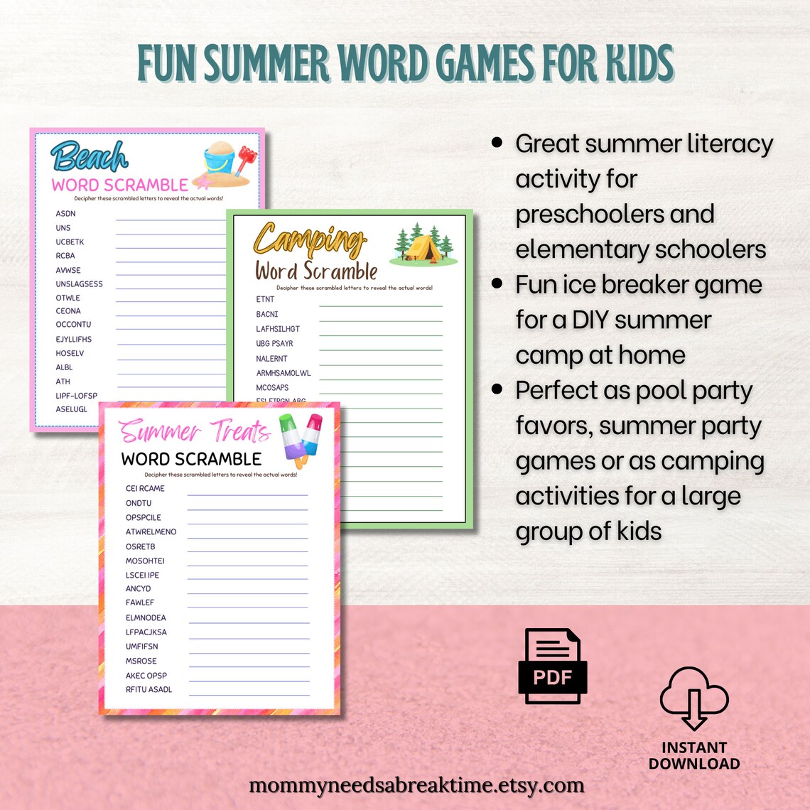 Summer Word Scramble Camping Activities, Summer Words Printable Pool ...
