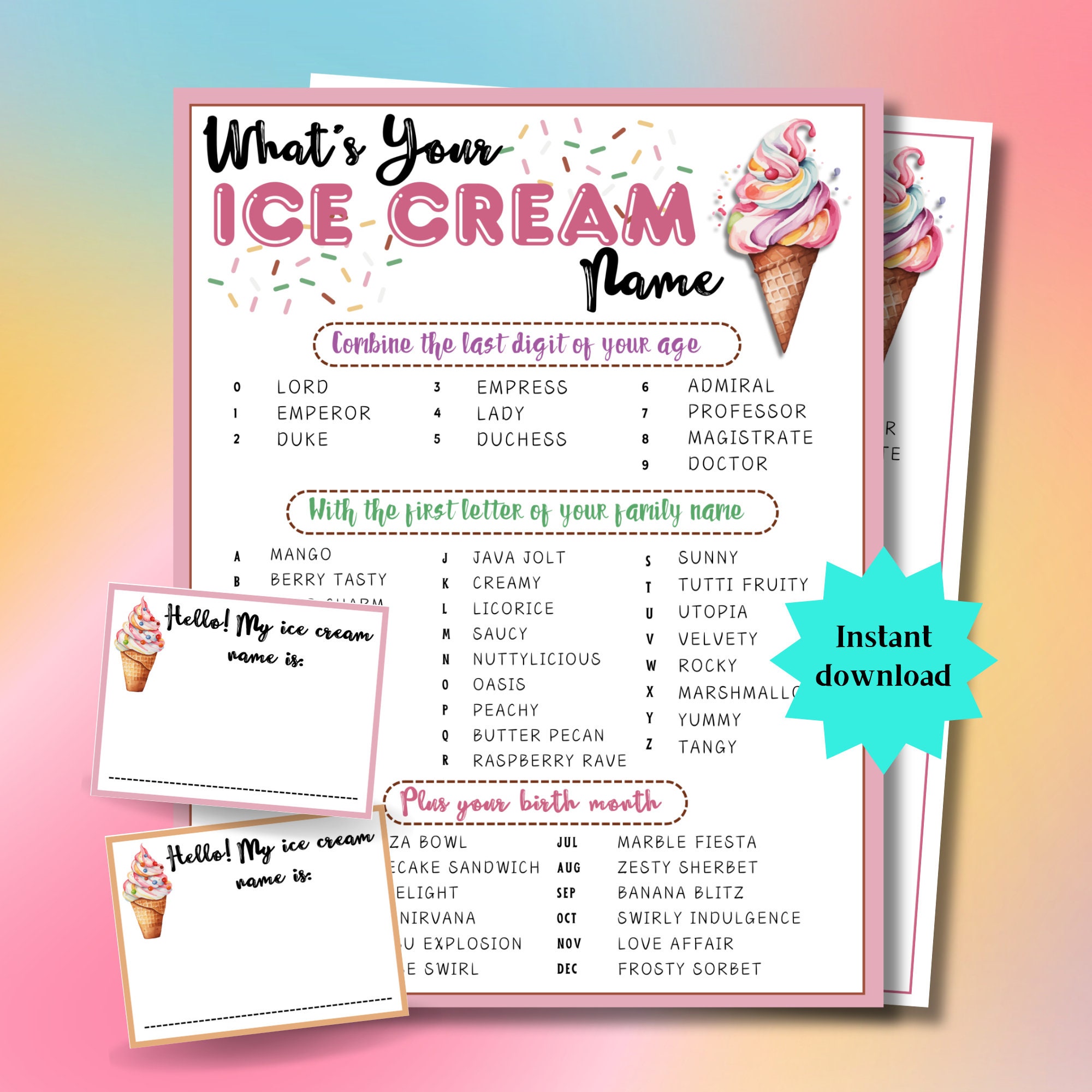 Whats Your Ice Cream Name Summer Name Game, Pool Party Games Slumber ...
