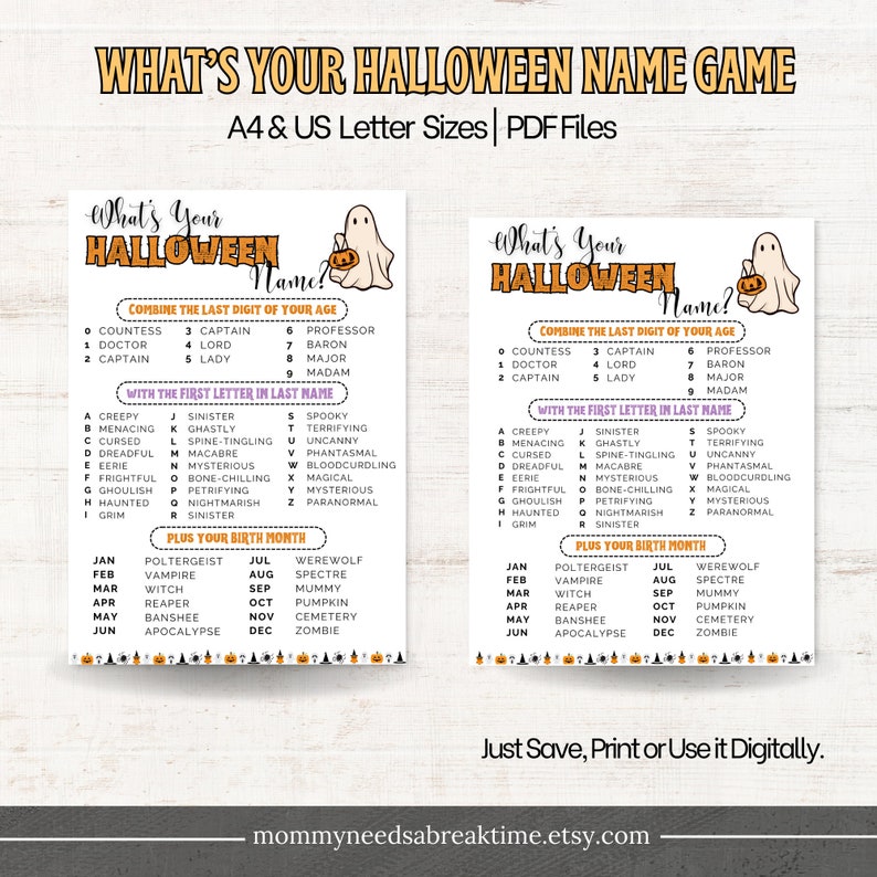 Whats Your Halloween Name Game Adult Halloween Game, Fall Trivia Game ...