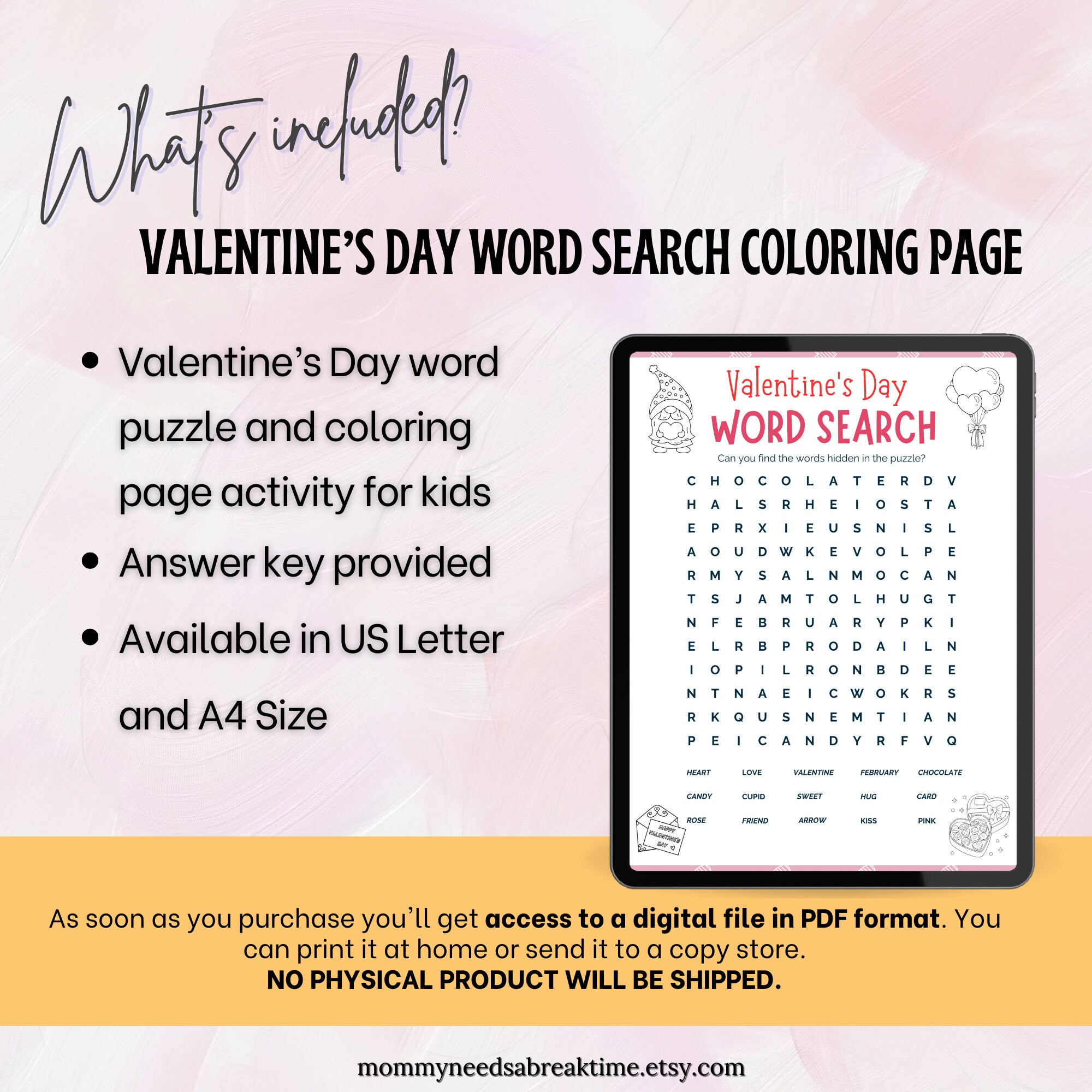 Valentines Coloring Page Word Search, Valentine Games, Printable Games ...