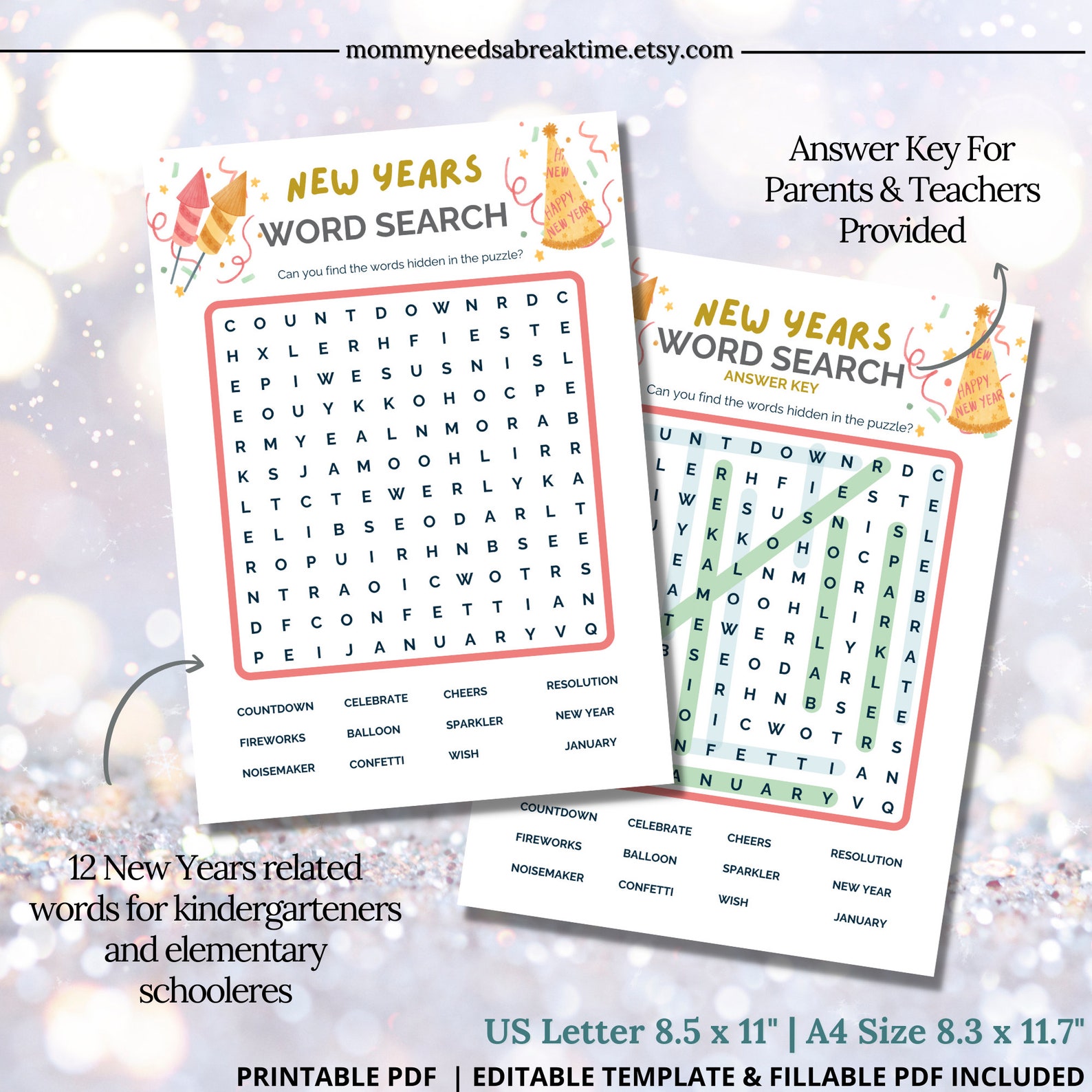 New Years Kids Word Search, New Years Games, New Years Eve Favors ...
